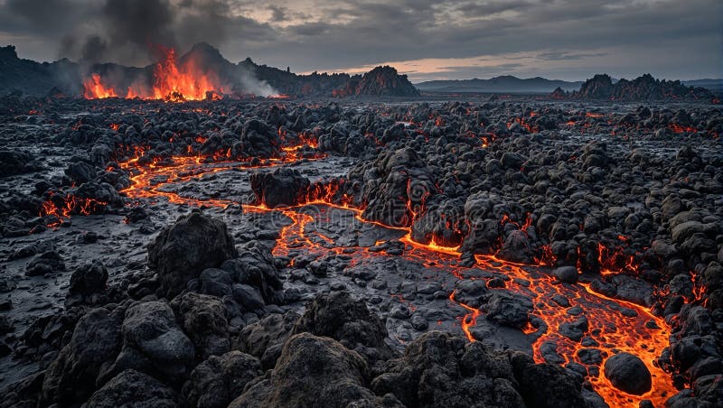 Dramatic Volcanic Landscape with Lava Streams Under an Ash Filled Sky ...