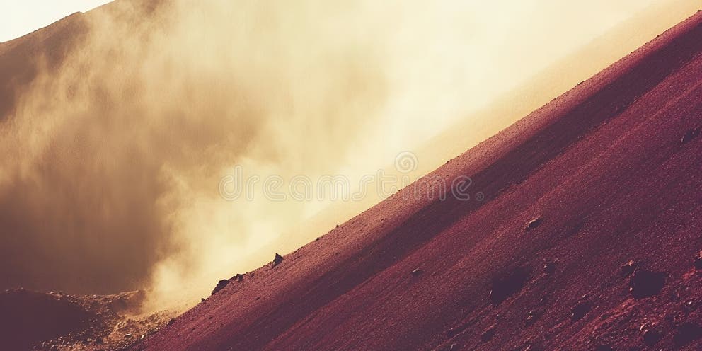 Dramatic Volcanic Landscape Red Ash Slope with Dust and Mist Stock ...