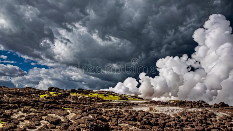 Dramatic Volcanic Landscape with Steam and Stormy Clouds, Atmospheric ...