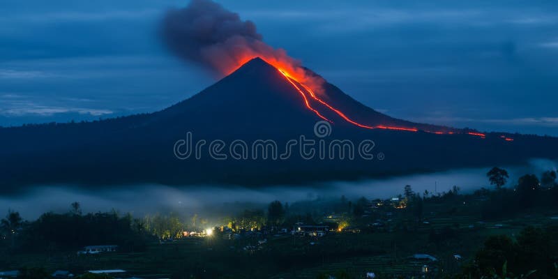 A Dramatic Volcano Erupting at Night with Molten Lava Streaming Down ...