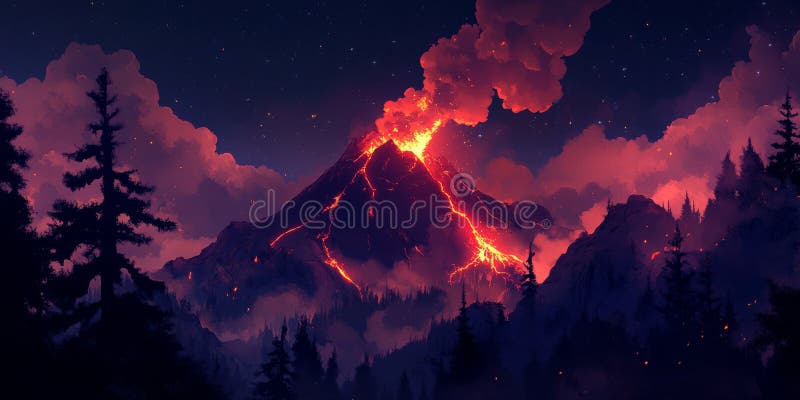 A Dramatic Volcano Erupting at Night with Molten Lava Streaming Down ...