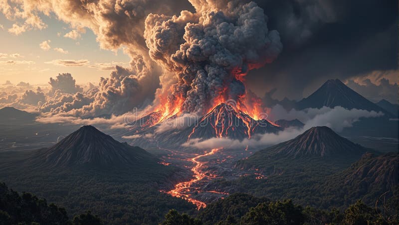 Dramatic Volcano Eruption Engulfing Lush Forest in Lava and Ash Stock ...