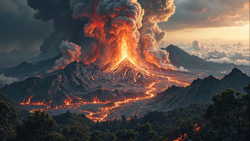 Dramatic Volcano Eruption Engulfing Lush Forest in Lava and Ash Stock ...