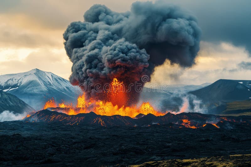 Dramatic Volcano Eruption with Fiery Lava and Ash Cloud. Artificial ...