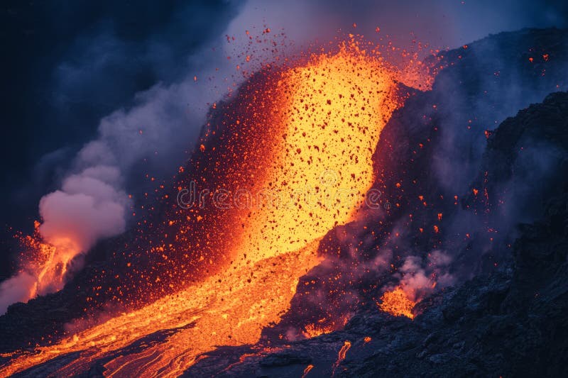 Dramatic Volcano Eruption with Fiery Lava and Ash Cloud. Artificial ...