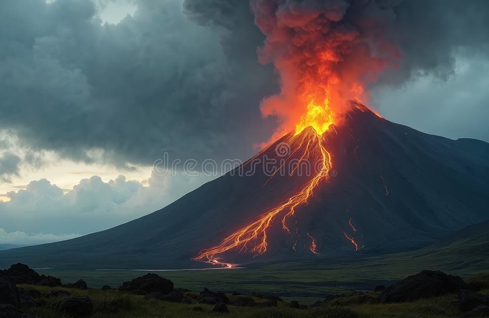 Dramatic Volcano Eruption with Glowing Lava Flows. Exploding Mountain ...