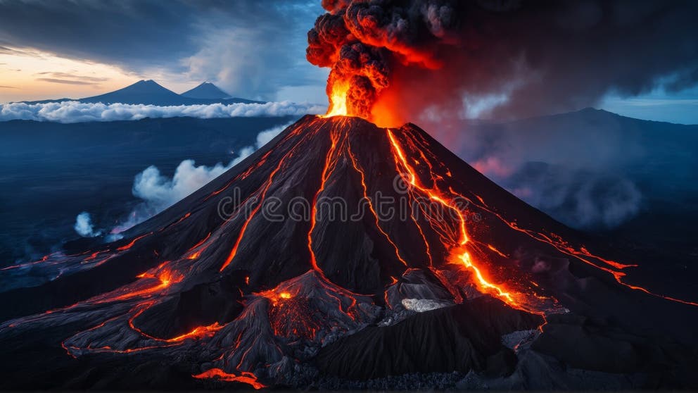 Dramatic Volcano Eruption with Lava Flow and Smoke Plume at Sunset ...