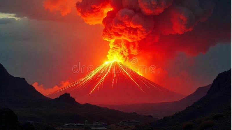 A Dramatic Volcano Eruption, with a Massive Red Orange Lava Stock ...