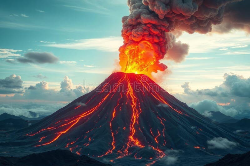 Dramatic Volcano Eruption Scene Stock Illustration - Illustration of ...