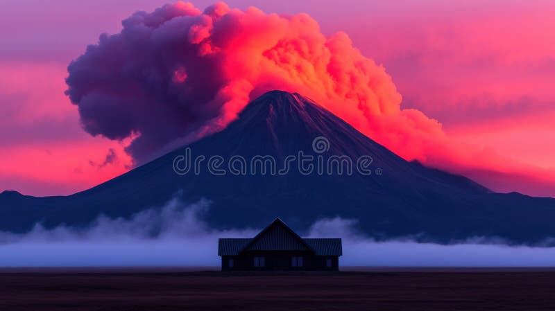 Dramatic Volcano Sunset View with a Small House Stock Illustration ...