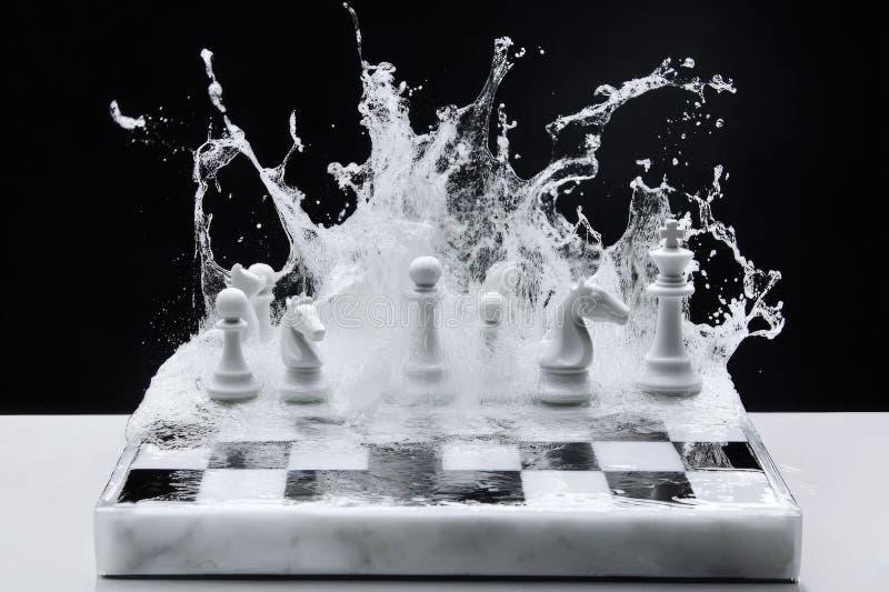 Dramatic Water Splash on Chessboard with White Chess Pieces Capturing ...