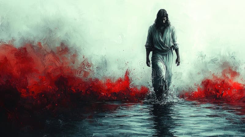 Jesus Walking on Water with Red Abstract Watercolor Background Stock ...