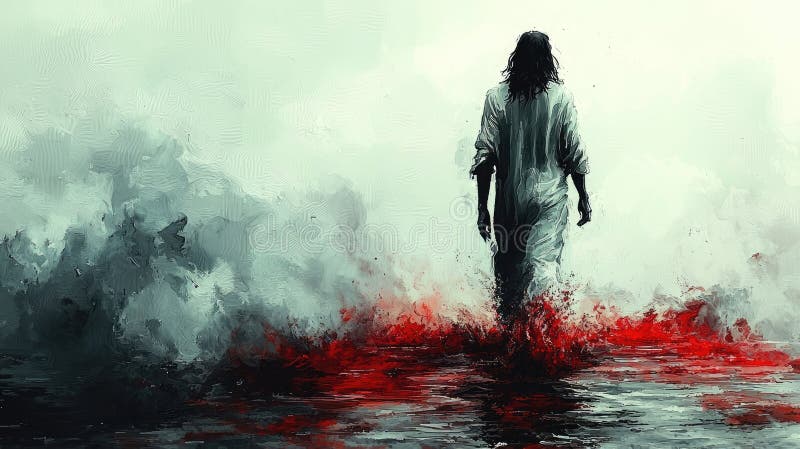 Jesus Walking on Water with Red Abstract Watercolor Background Stock ...