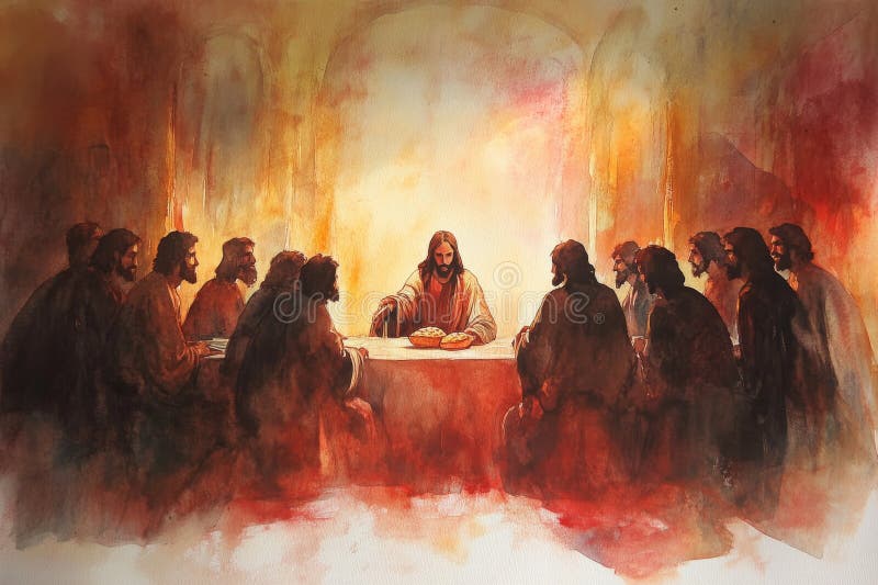 A Dramatic Watercolor of Jesus Breaking the Bread at the Last Supper ...