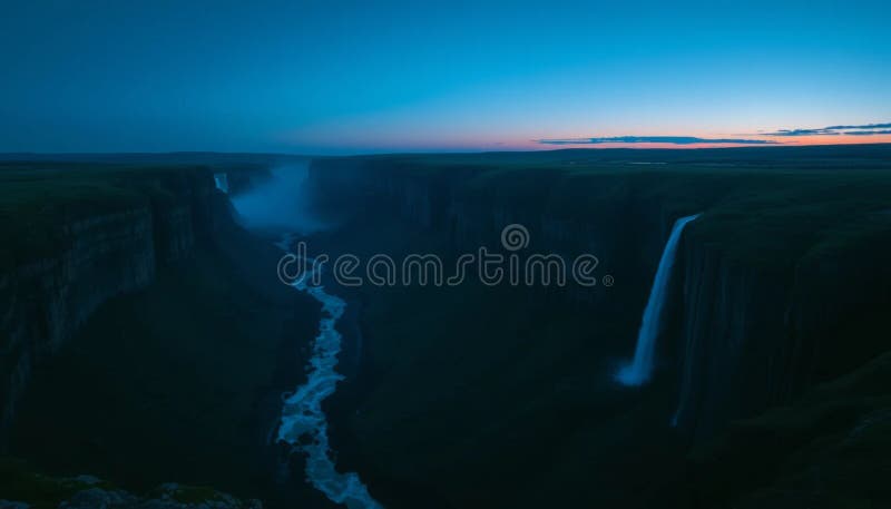 Dramatic Waterfall in Canyon Landscape at Dusk with Flowing River Stock ...