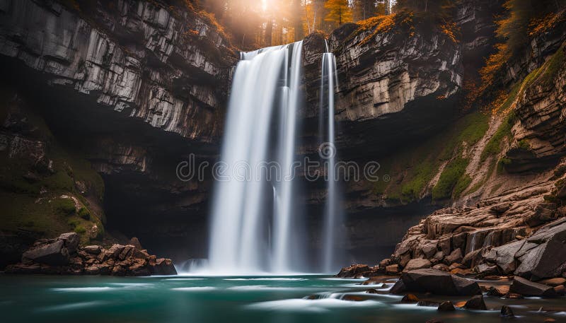 Dramatic Waterfall with Misty Spray, Surrounded by Lush Greenery Stock ...