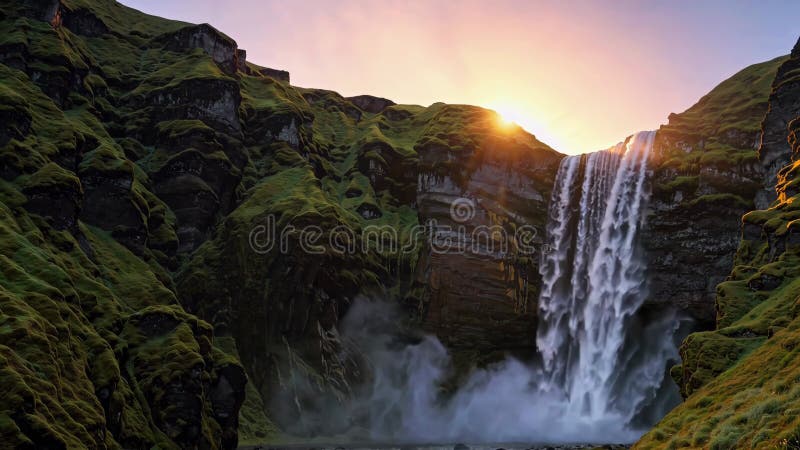 Dramatic Waterfall Cascading from Green Cliffs at Sunset, Nature ...