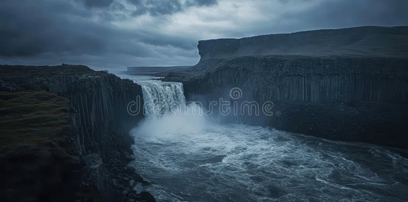 Dramatic Waterfall Cascading Over Basalt Cliffs in Iceland Stock ...