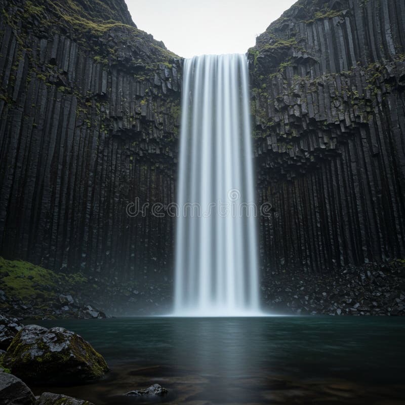 Dramatic Waterfall Cascading Over Towering Basalt Columns into a Serene ...