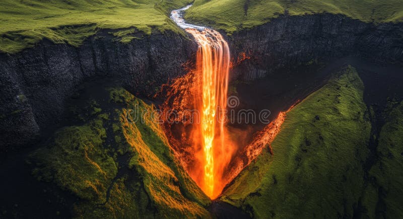 Dramatic Waterfall Flows Over Rocky Cliffs Surrounded by a Verdant ...
