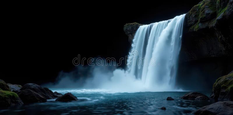 Dramatic Waterfall Isolated, White Water Against Black Backdrop, Energy ...