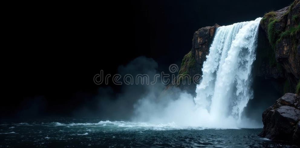 Dramatic Waterfall Isolated, White Water Against Black Backdrop, Image ...