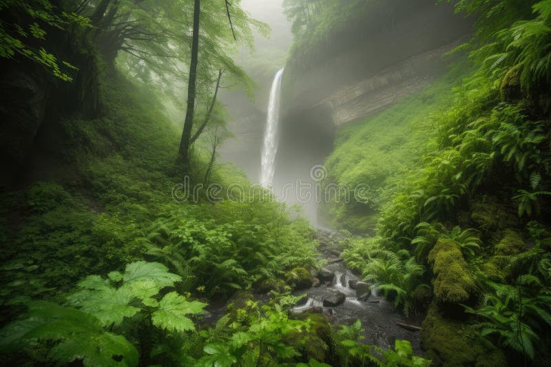 Dramatic Waterfall with Misty Spray, Surrounded by Lush Greenery Stock ...