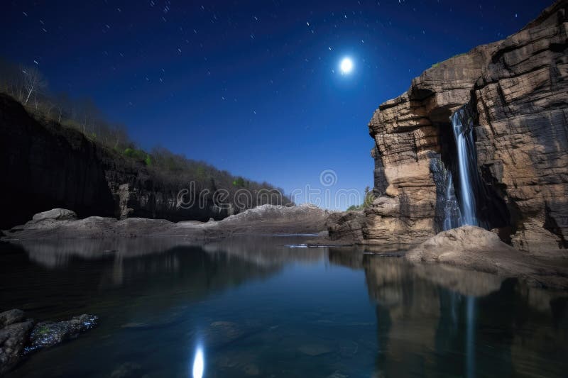 Dramatic Waterfall, with the Moon Shining Against Its Waters, during a ...