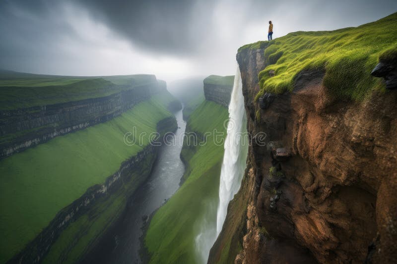 Dramatic Waterfall, with a Person Standing on the Edge of the Cliff ...