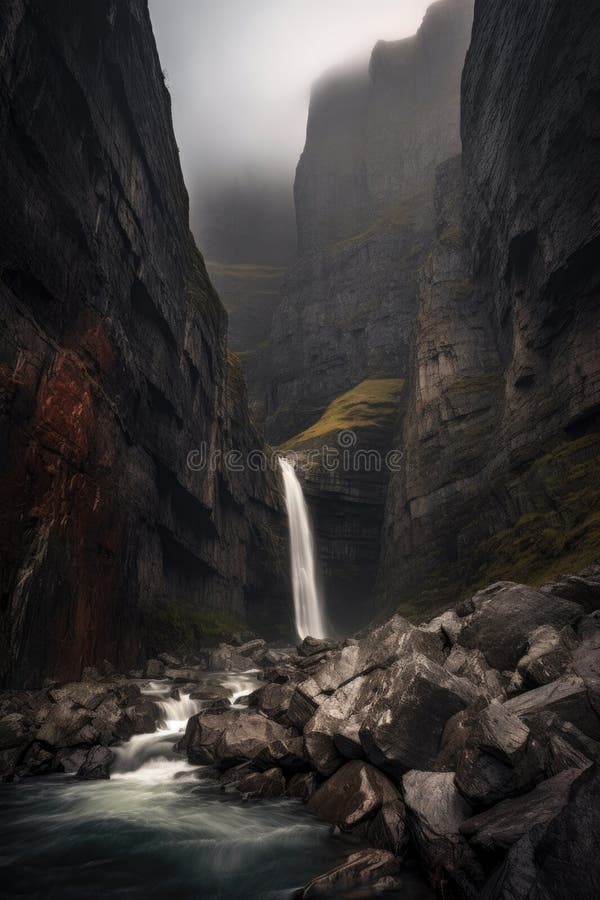 Dramatic Waterfall with Misty Spray, Surrounded by Lush Greenery Stock ...