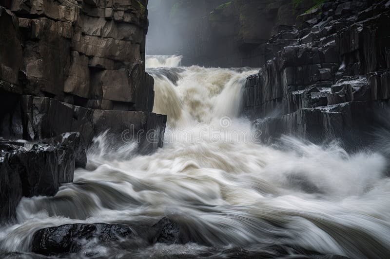 Dramatic Waterfall Scene, with Close-up of the Water Rushing Over the ...