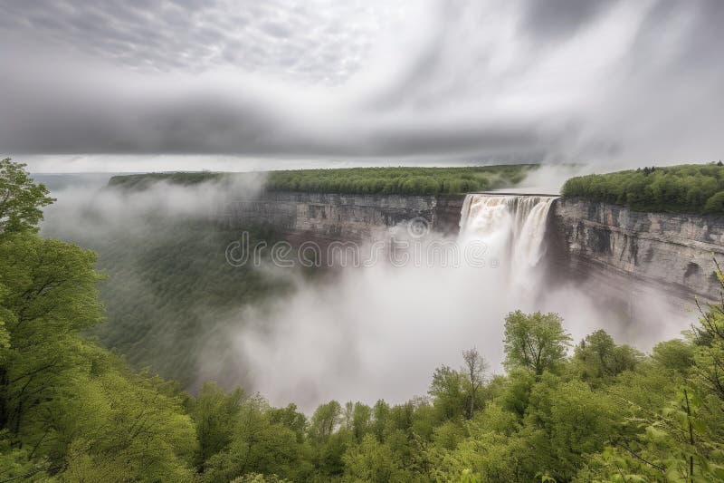 Dramatic Waterfall Scene with Cloud in the Sky and Mist in the Air ...