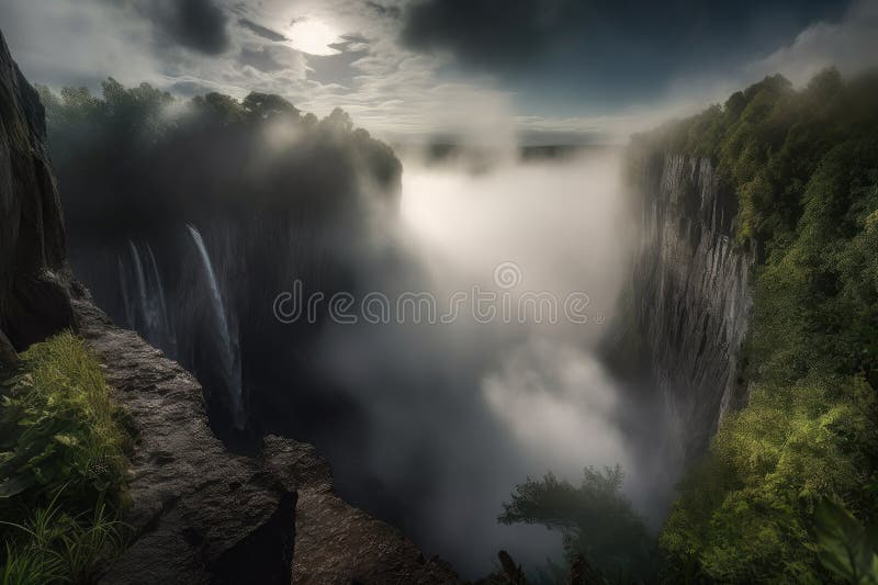 Dramatic Waterfall Scene with Cloud in the Sky and Mist in the Air ...