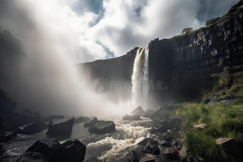Dramatic Waterfall Scene with Cloud in the Sky and Mist in the Air ...