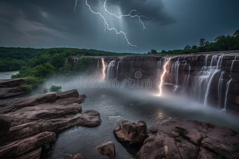 Dramatic Waterfall Scene with Silhouette of Person Standing in the Mist ...