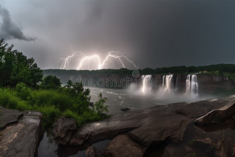 Dramatic Waterfall Scene in the Midst of Thunderstorm, with Flashes of ...