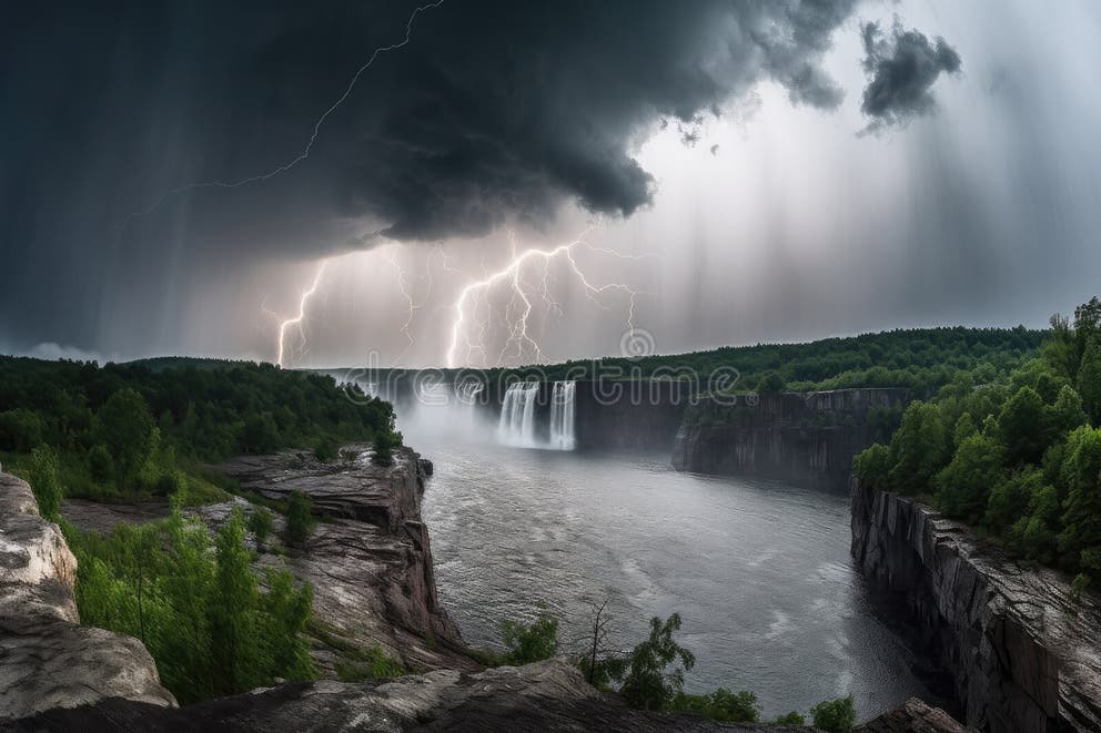 Dramatic Waterfall Scene in the Midst of Thunderstorm, with Flashes of ...