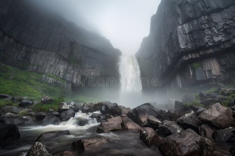 Dramatic Waterfall Scene, with Mist and Clouds Rolling Over the Rocks ...