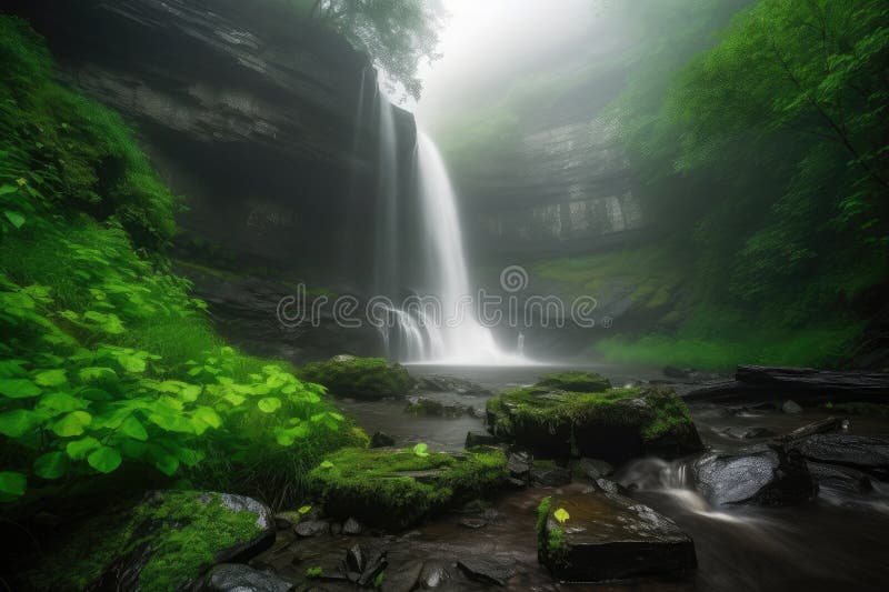 Dramatic Waterfall Scene with Mist Floating among the Rocks and ...
