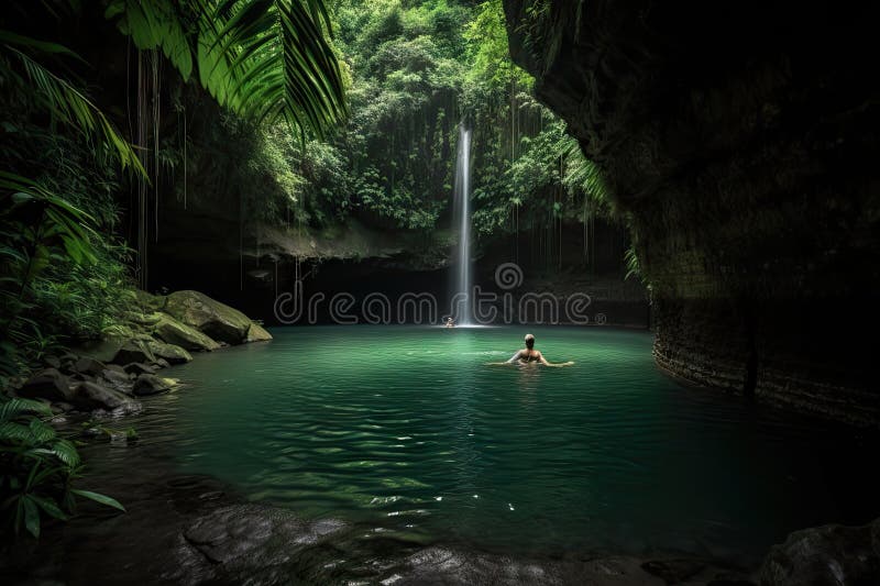 Dramatic Waterfall Scene with Person Swimming in the Pool Below Stock ...