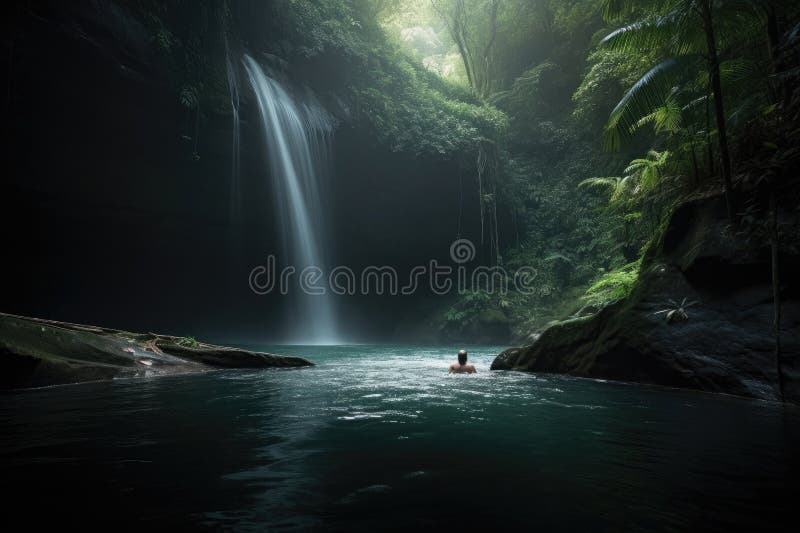 Dramatic Waterfall Scene with Person Swimming in the Pool at Its Base ...