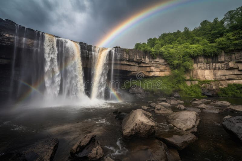 Dramatic Waterfall Scene with Rainbow in the Sky Stock Illustration ...