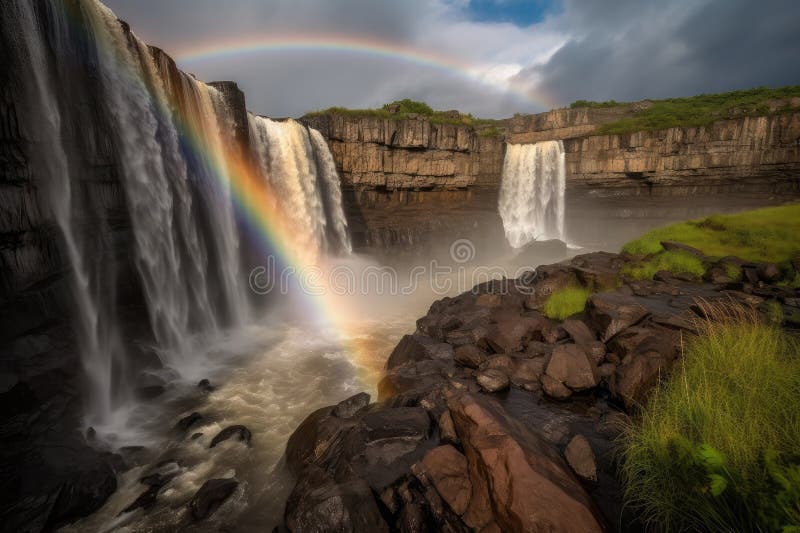 Dramatic Waterfall Scene with Rainbow in the Sky Stock Illustration ...