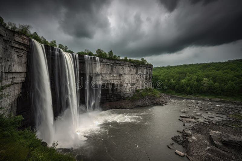 Dramatic Waterfall Scene with Storm Clouds Looming Overhead Stock ...