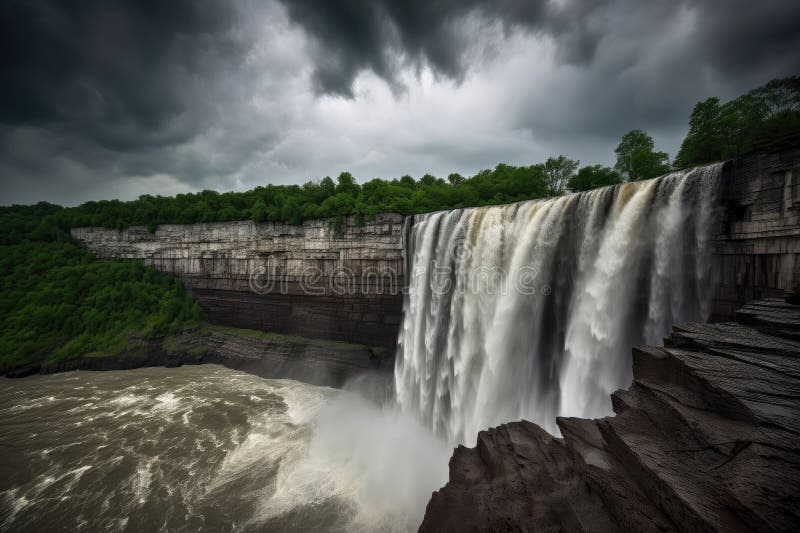 Dramatic Waterfall Scene with Storm Clouds Looming Overhead Stock Image ...