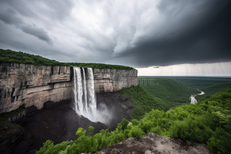 Dramatic Waterfall Scene with Storm Clouds Looming Overhead Stock ...