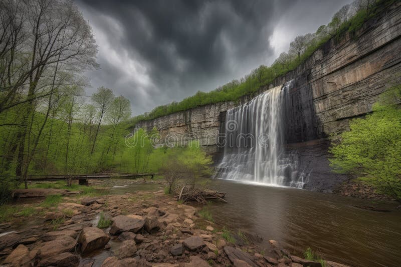 Dramatic Waterfall Scene with Storm Clouds Overhead, Ready To Drench ...