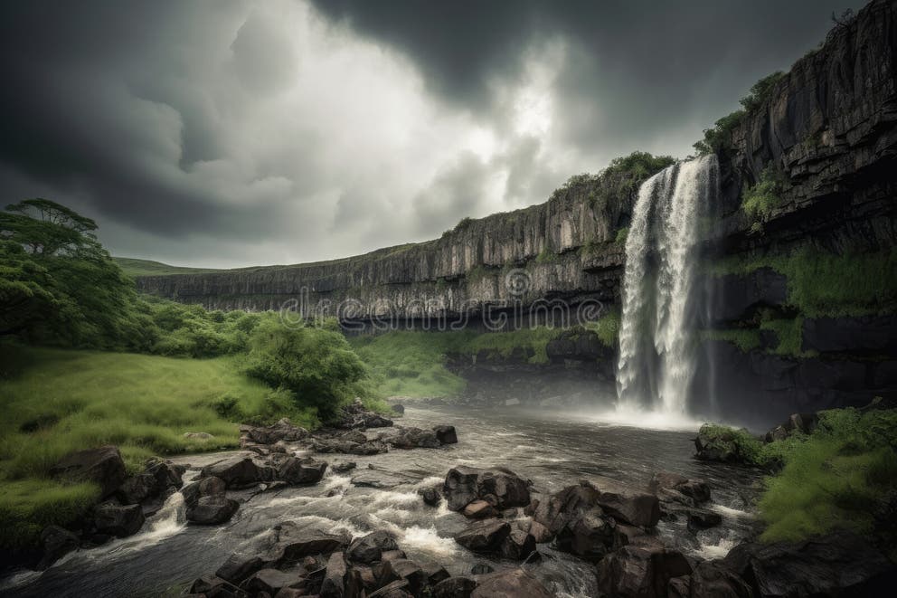 Dramatic Waterfall Scene with Storm Clouds Overhead, Ready To Drench ...
