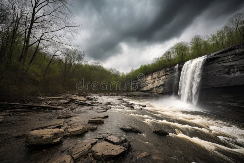 Dramatic Waterfall Scene with Stormy Clouds Overhead Stock Photo ...