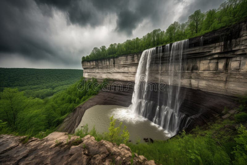 Dramatic Waterfall Scene with Stormy Clouds Overhead Stock Photo ...